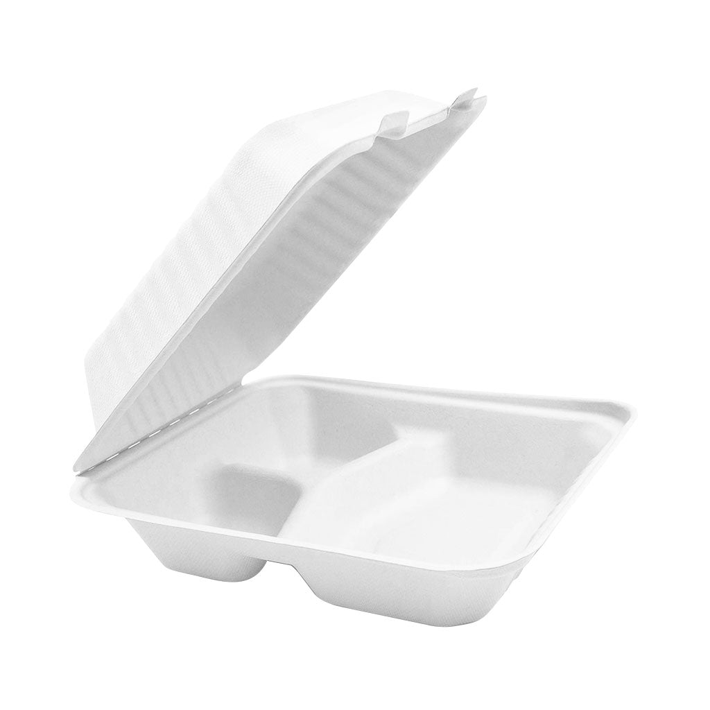 Compostable Hinged Containers - 9" x 9" x 3" / White / 3 Compartment ...